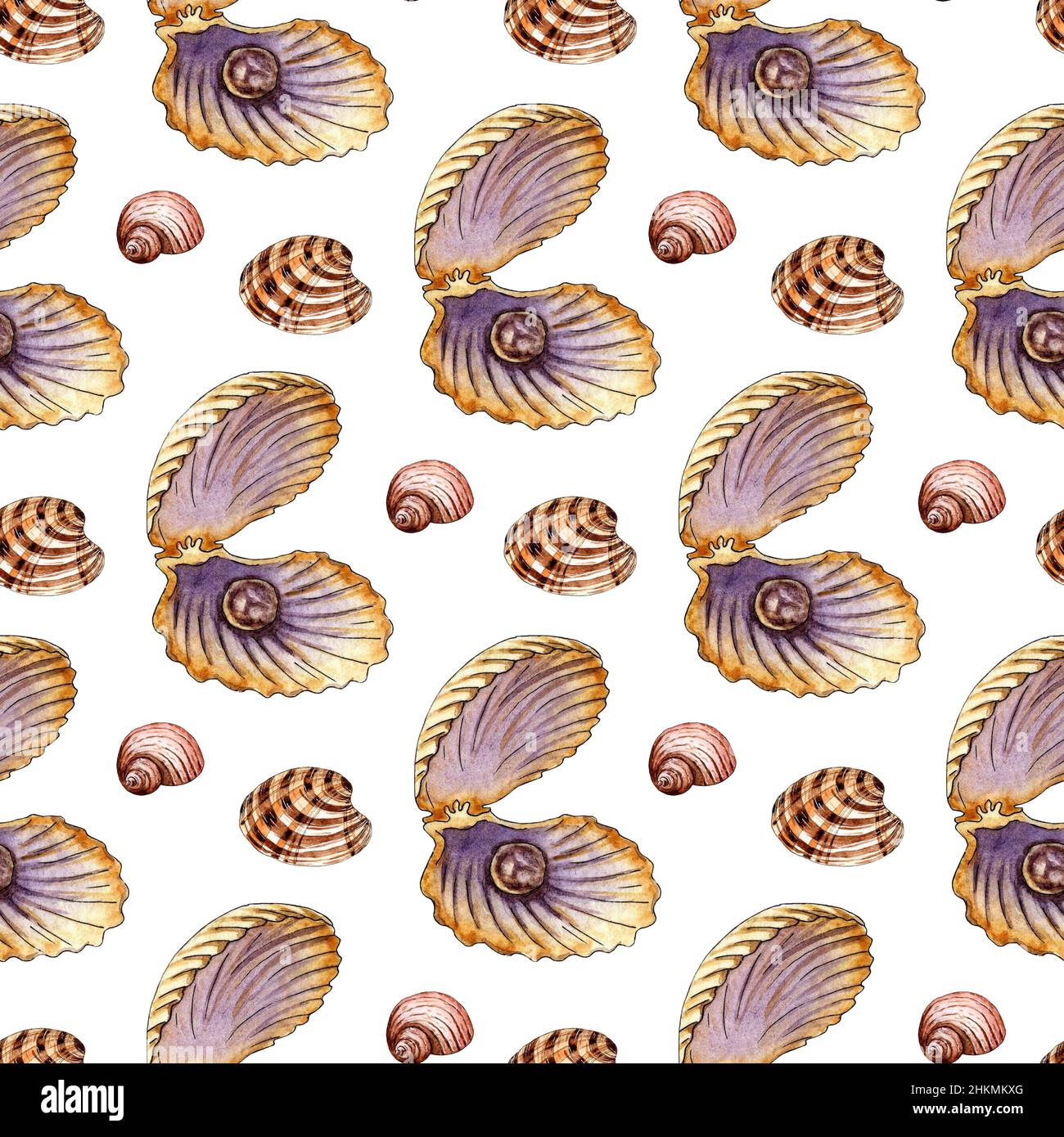 Watercolor illustration of a pattern of seamless seashells with a pearl ...