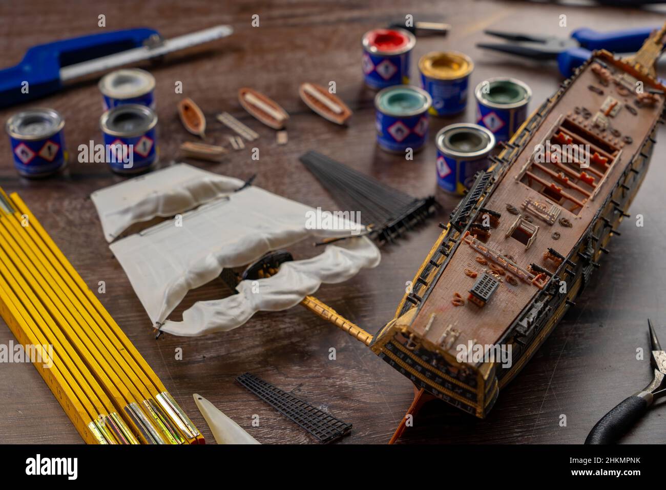 Top View Model Ship Building handcraft on table with different ...