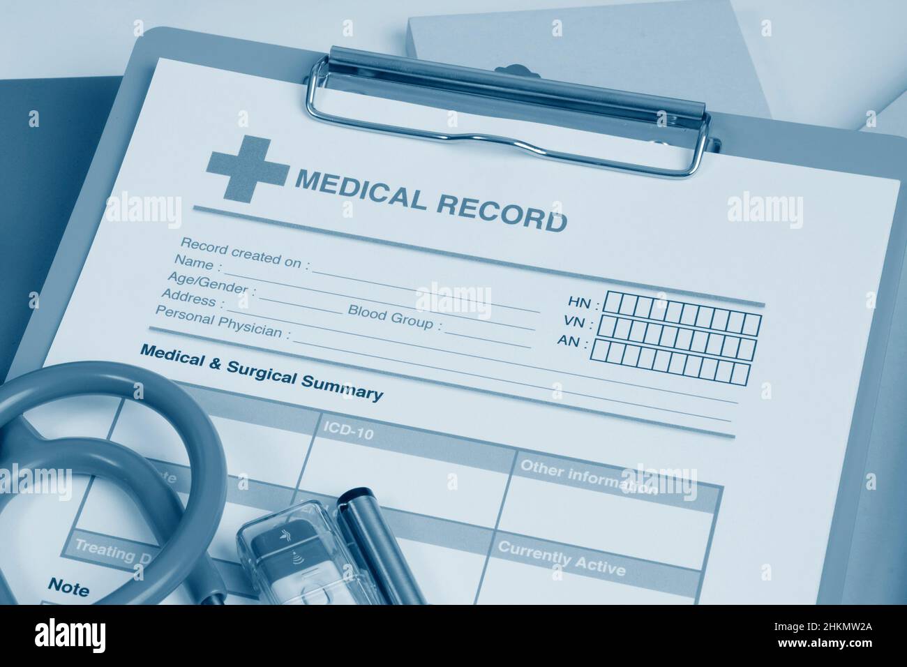 Close up blank medical record form on clipboard in monochrome Stock ...