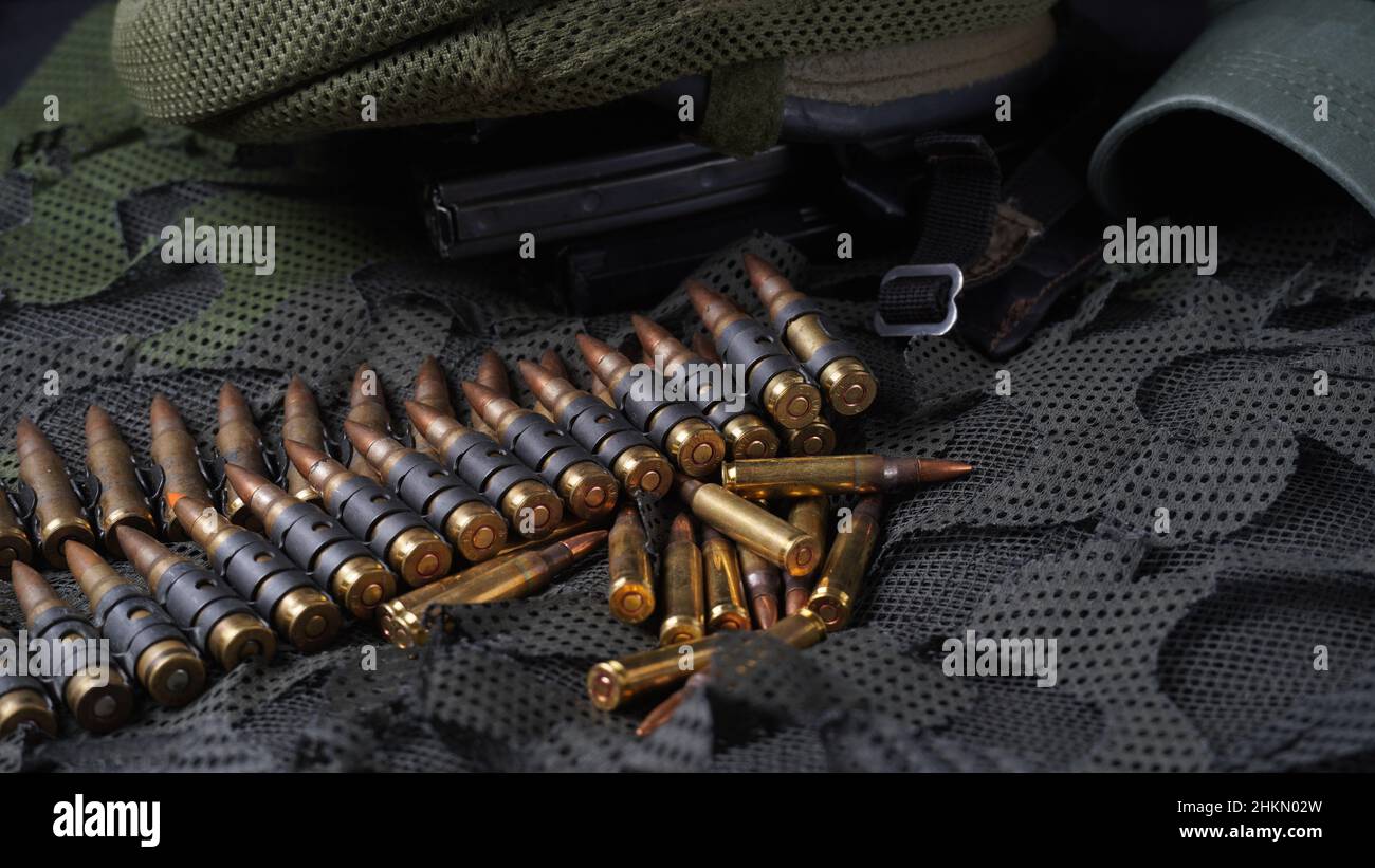 Photo of 5.56mm ammunition, machine gun bullets belt, rifle ammunition ...