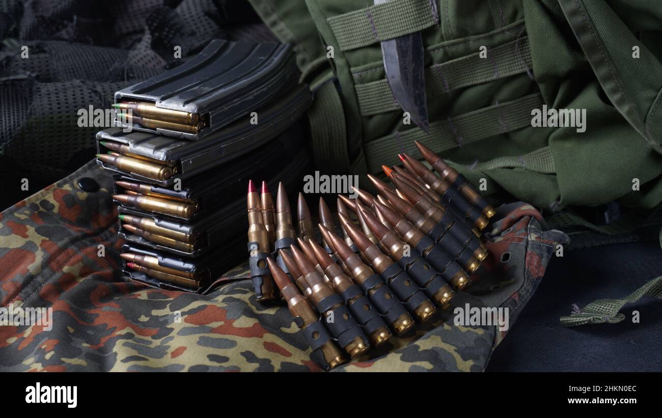 Photo of 5.56mm ammunition, machine gun bullets belt, rifle ammunition ...