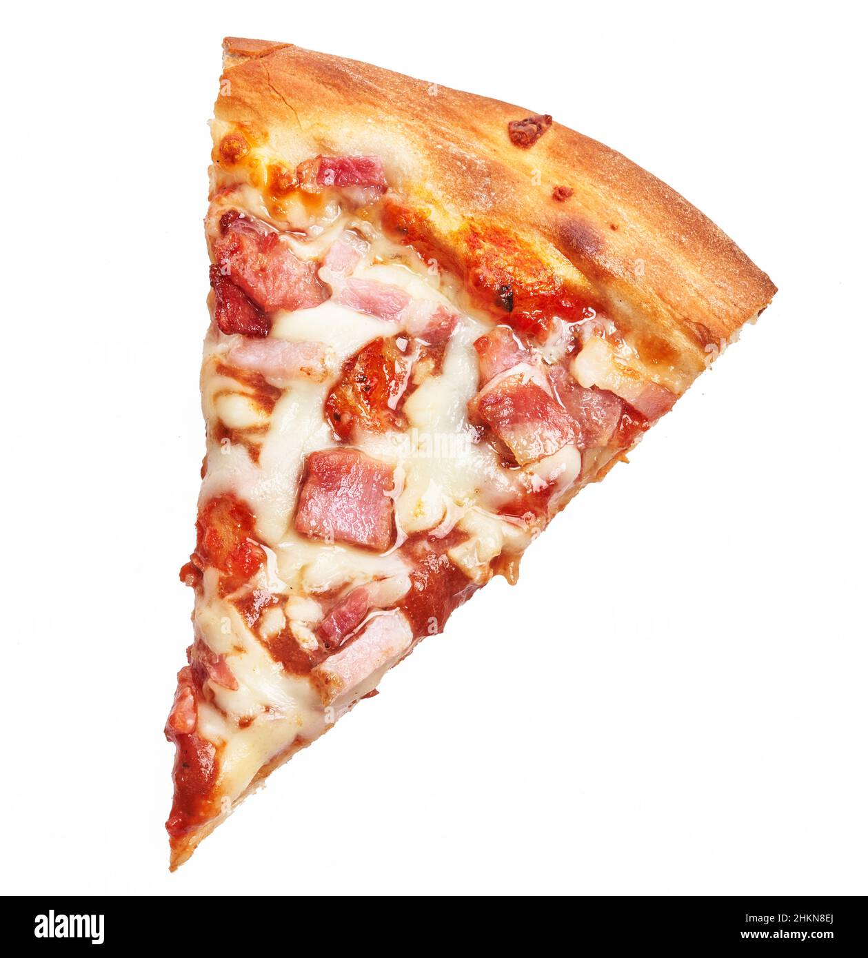 Slice of italian bacon pizza over white isolated background Stock Photo ...
