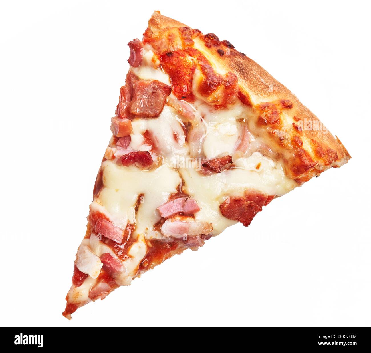 Slice of italian bacon pizza over white isolated background Stock Photo ...