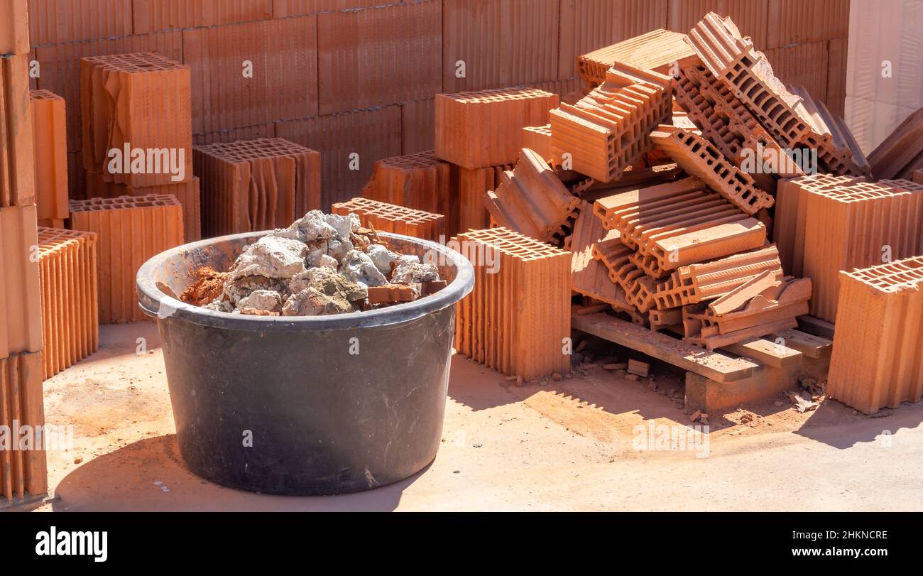 Panoramic rubble with bricks house building Stock Photo - Alamy