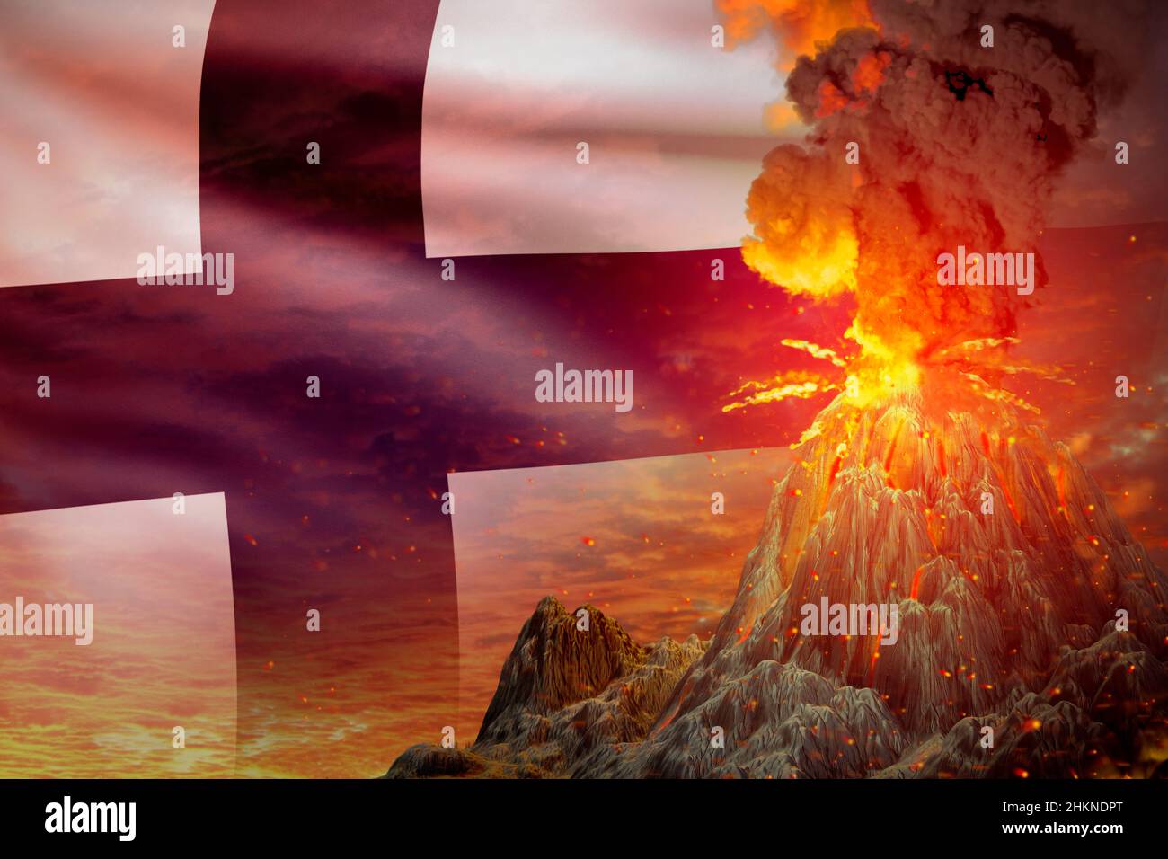 high volcano blast eruption at night with explosion on Finland flag ...
