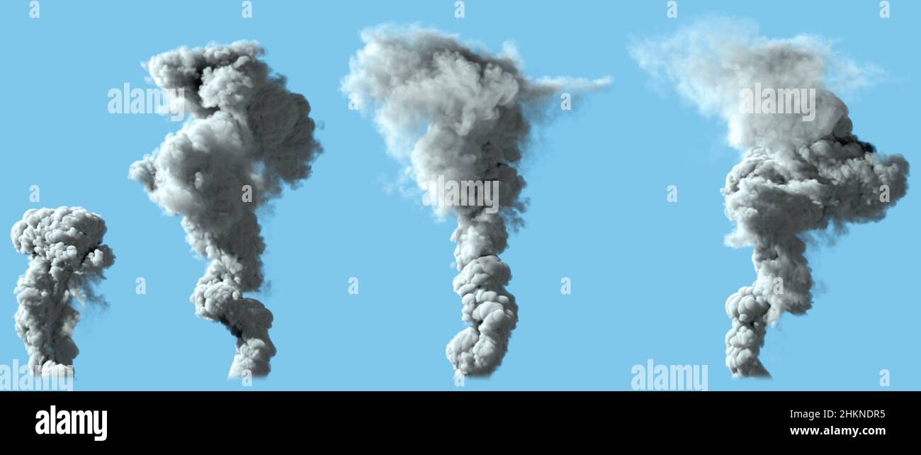 4 different renders of heavy bright smoke column as from volcano or big ...
