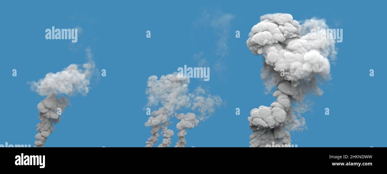 3 grey pollution smoke columns from forest fire on blue, isolated ...