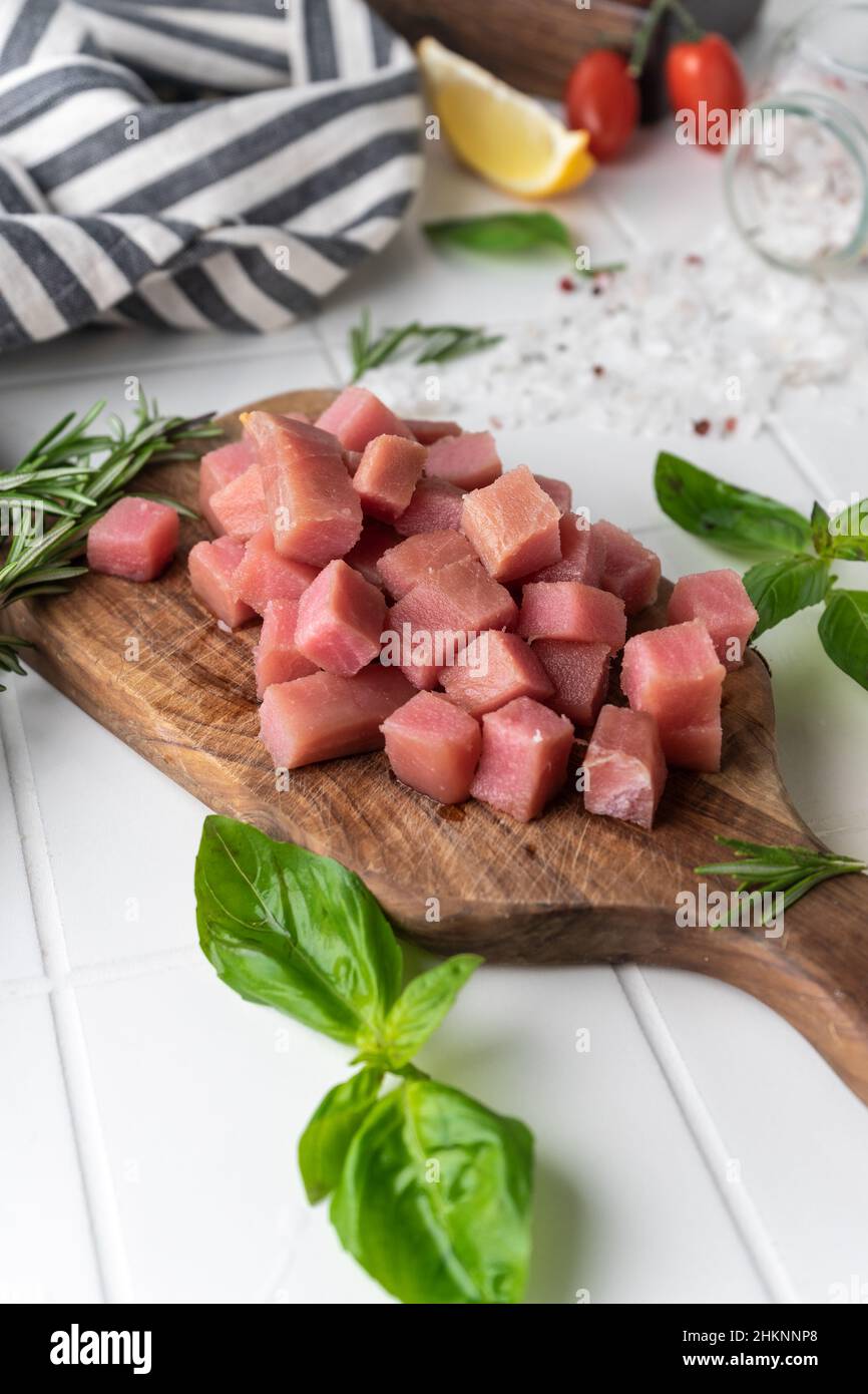 raw tuna fillet cut into cubes . marine predatory fish, family of ...