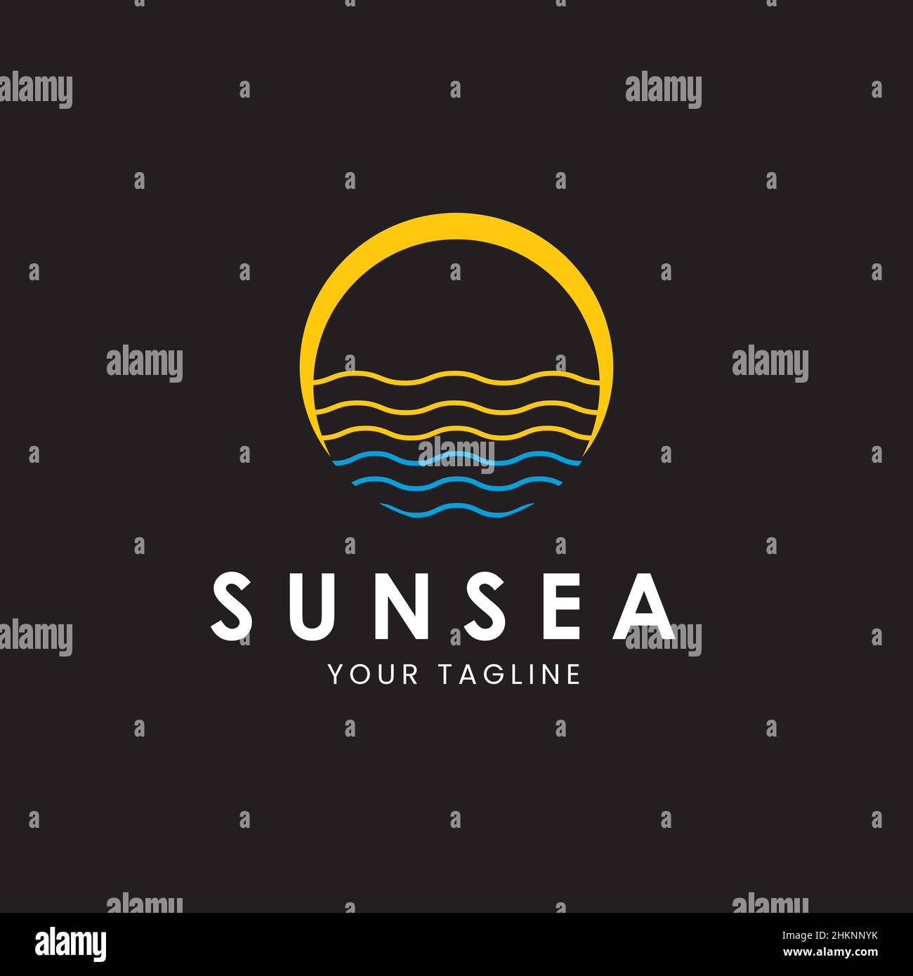 Sun and sea logo. Ocean wave line and icon style.on dark background ...