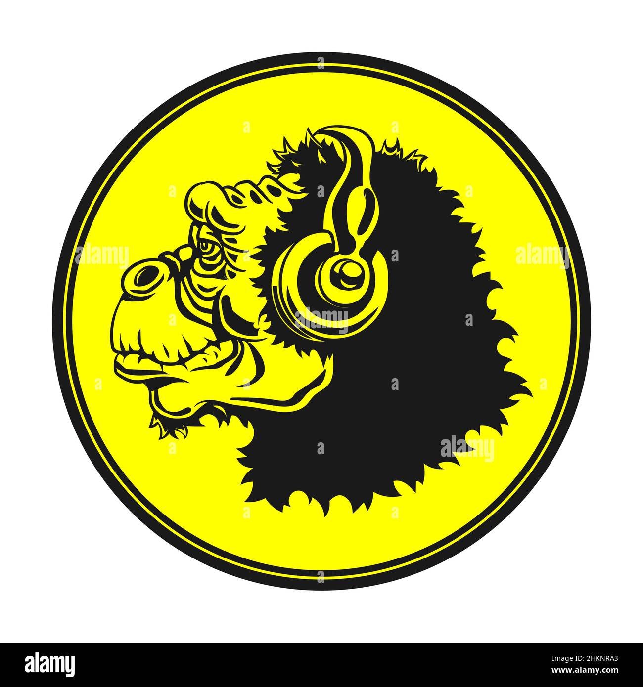 a chimpanzee monkey with headphones side view on a yellow isolated ...