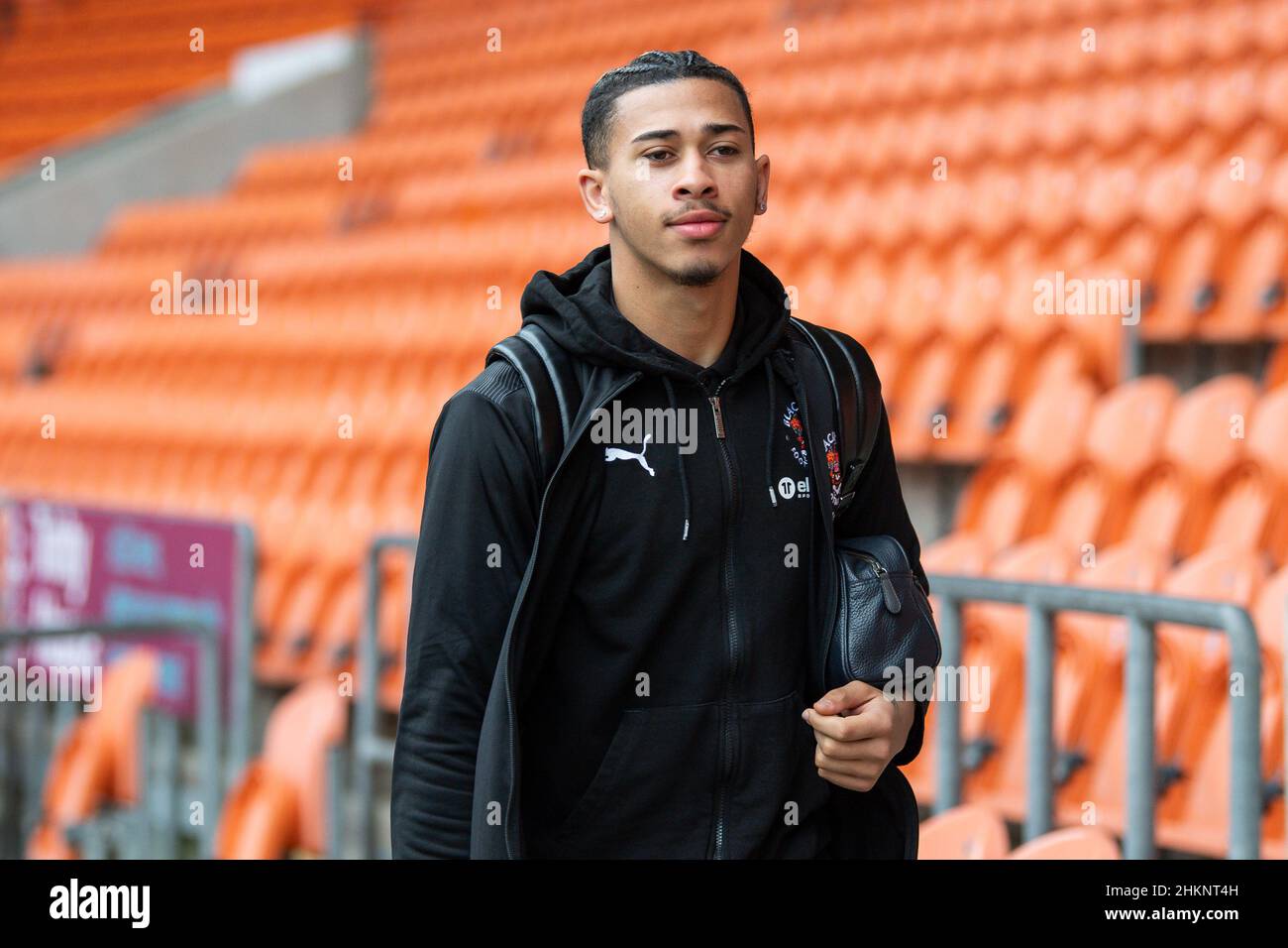 Jordan Lawrence-Gabriel #4 of Blackpool arrives at Bloomfield Road ...