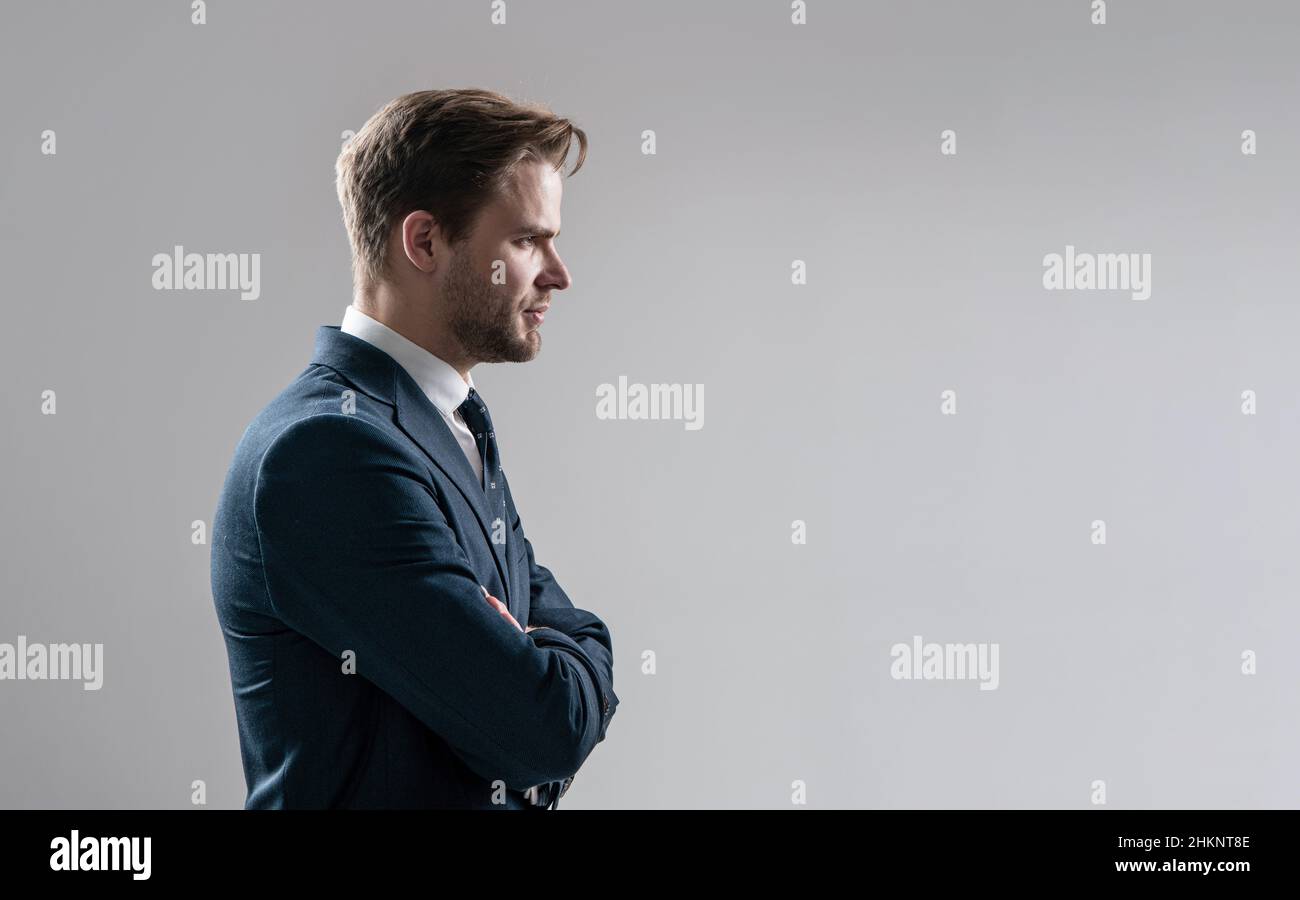 Boost your confidence. Confident guy sideway grey background ...