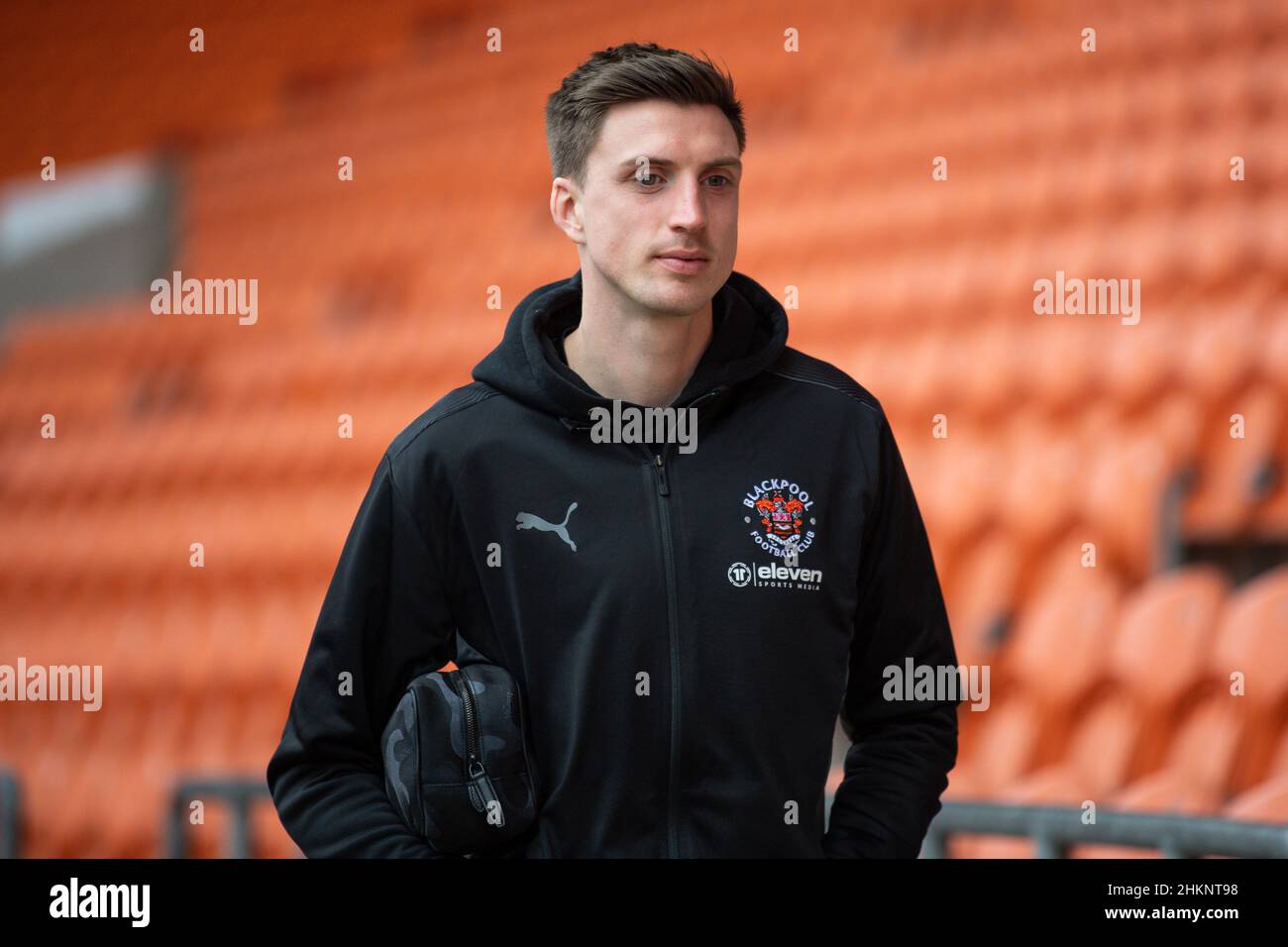 Blackpool, UK. 05th Feb, 2022. Jake Beesley #28 of Blackpool arrives at ...