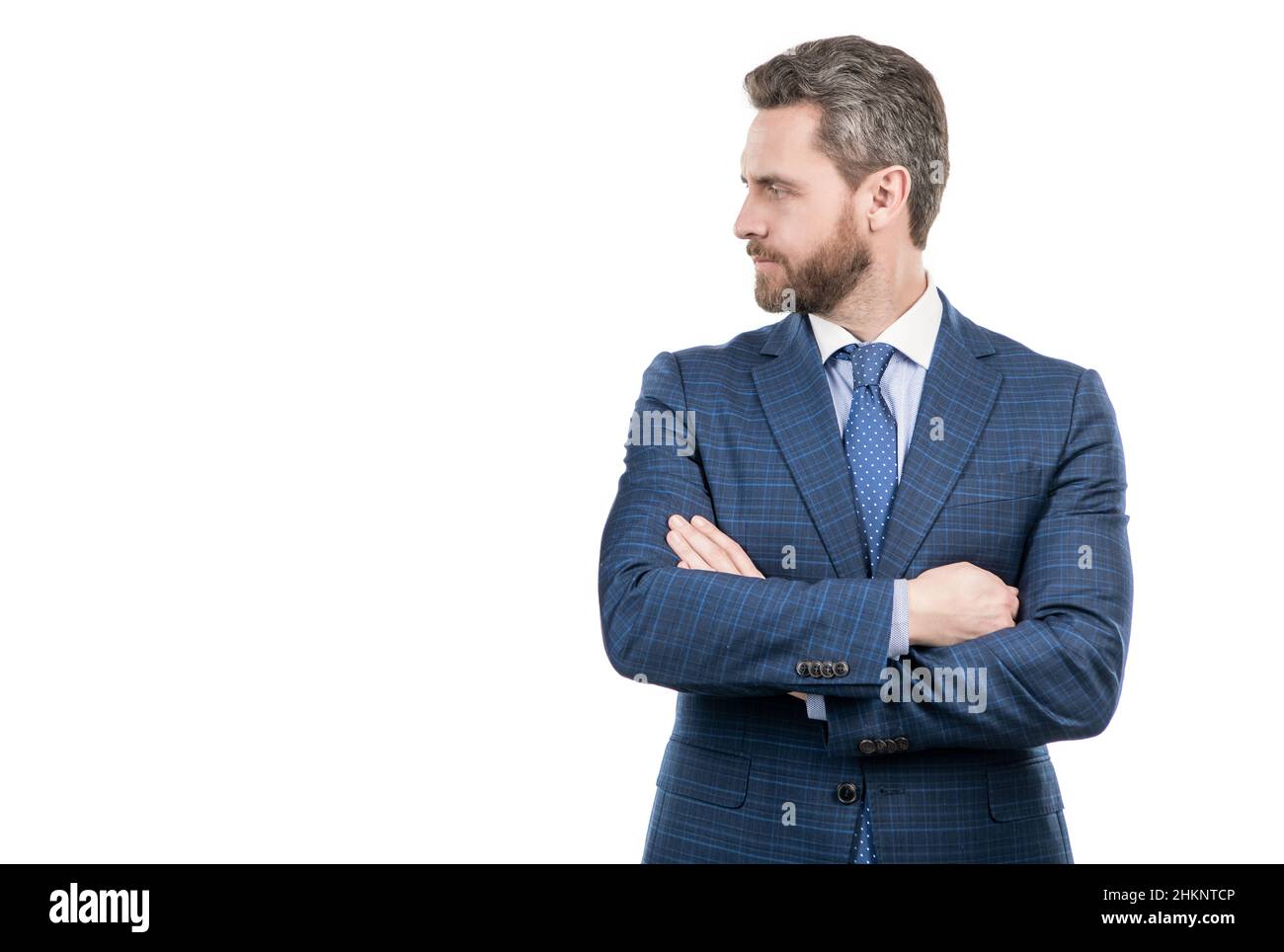 Serious confident man boss keep arms crossed in formal suit ...