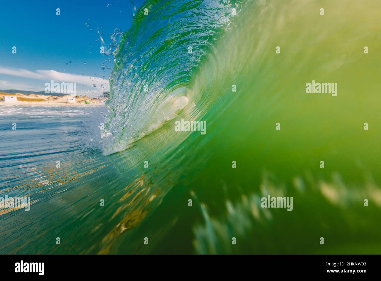 Perfect surfing swell in ocean. Barrel wave with morning light Stock ...