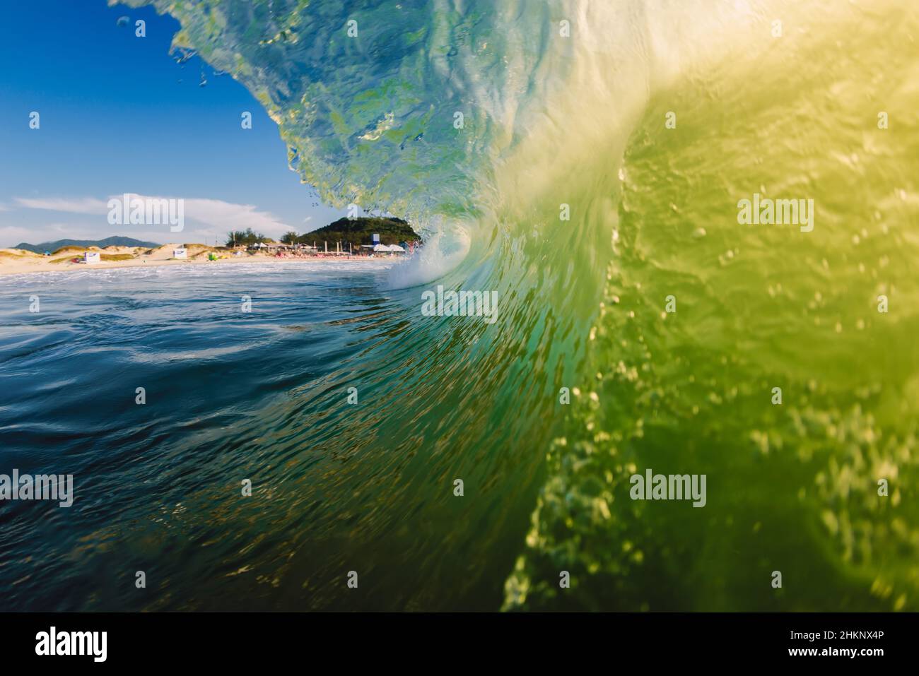 Perfect surfing swell in ocean. Barrel wave with morning light Stock ...