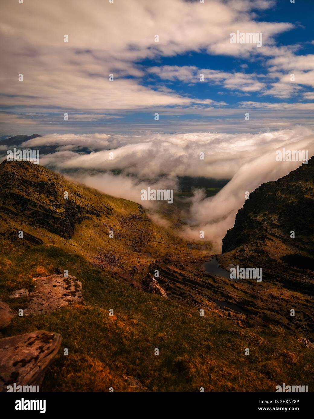 Dramatic and picturesque mountain aerial view of Faha Ridge of Brandon ...