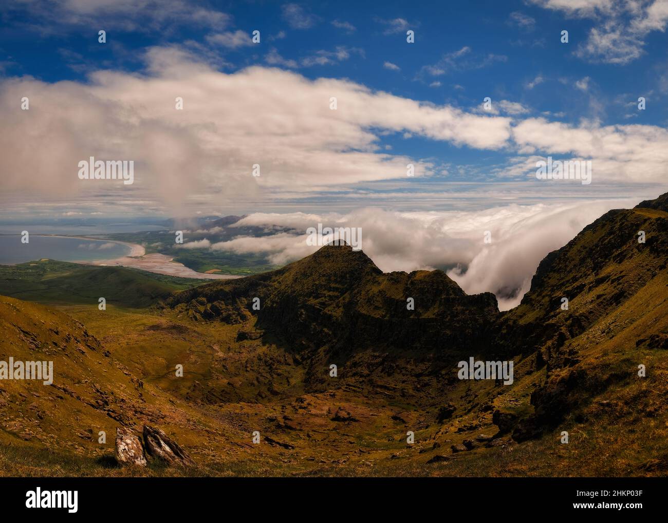 Dramatic and picturesque mountain aerial view of Faha Ridge of Brandon ...