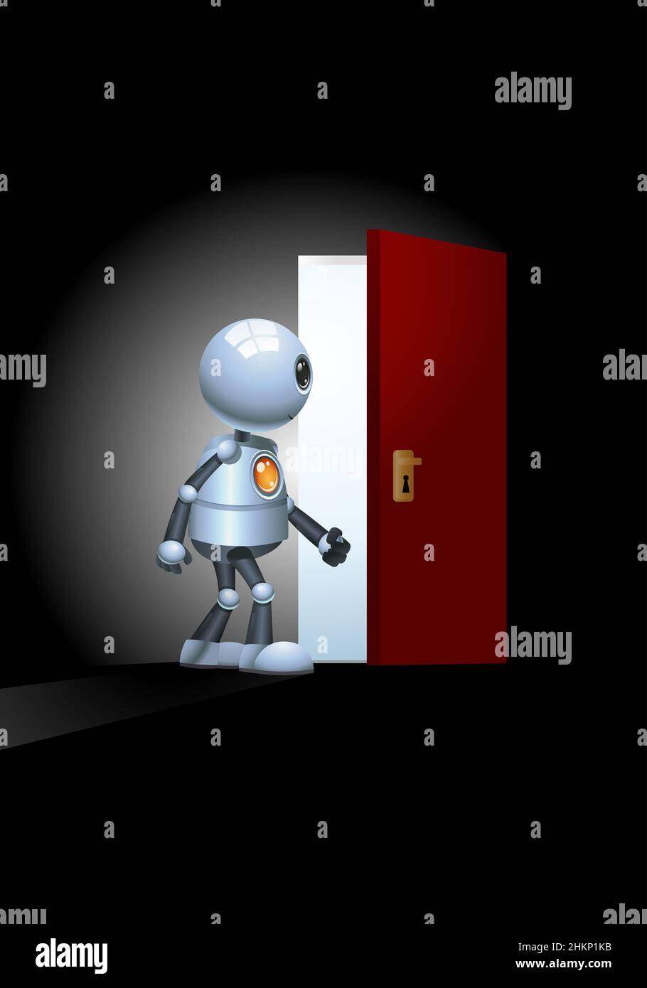 3d illustration of a happy little robot entering door of light on ...