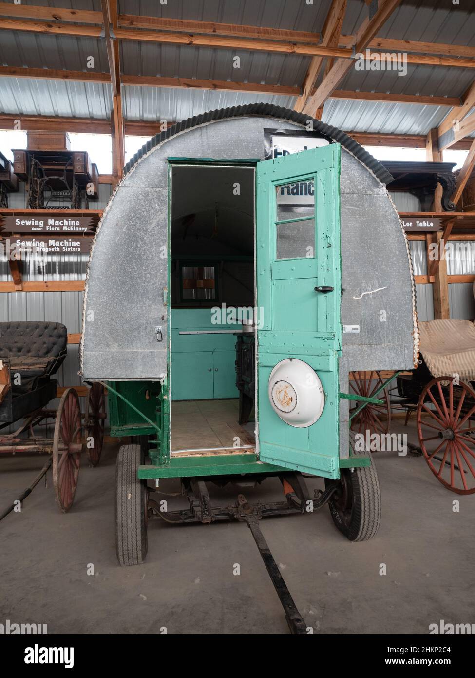 Sheep herder's wagon with open door on display at the Range Riders ...