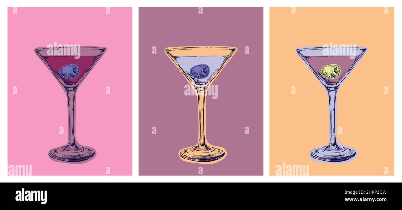 Set of Colored Martini Cocktails with Olives Vector Illustration Set of ...
