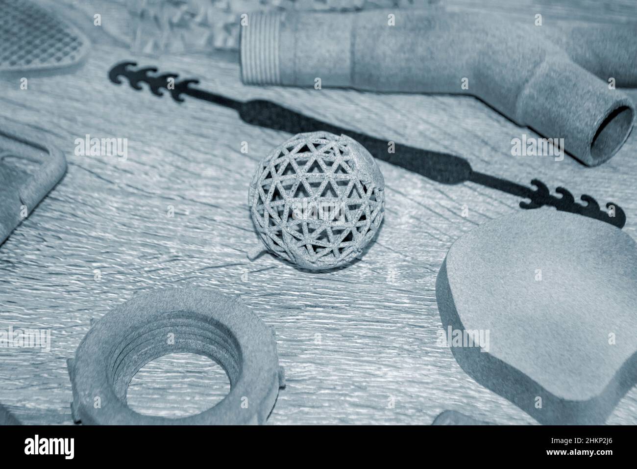 Gray abstract models printed on 3d printer from powder close-up. 3D ...