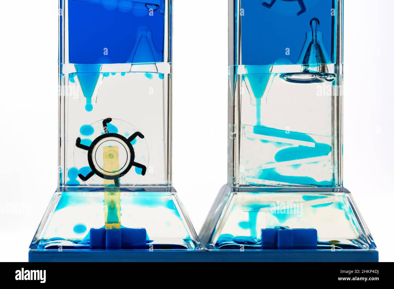 Complex blue fluid hourglass machine, time flow concept, liquid ...