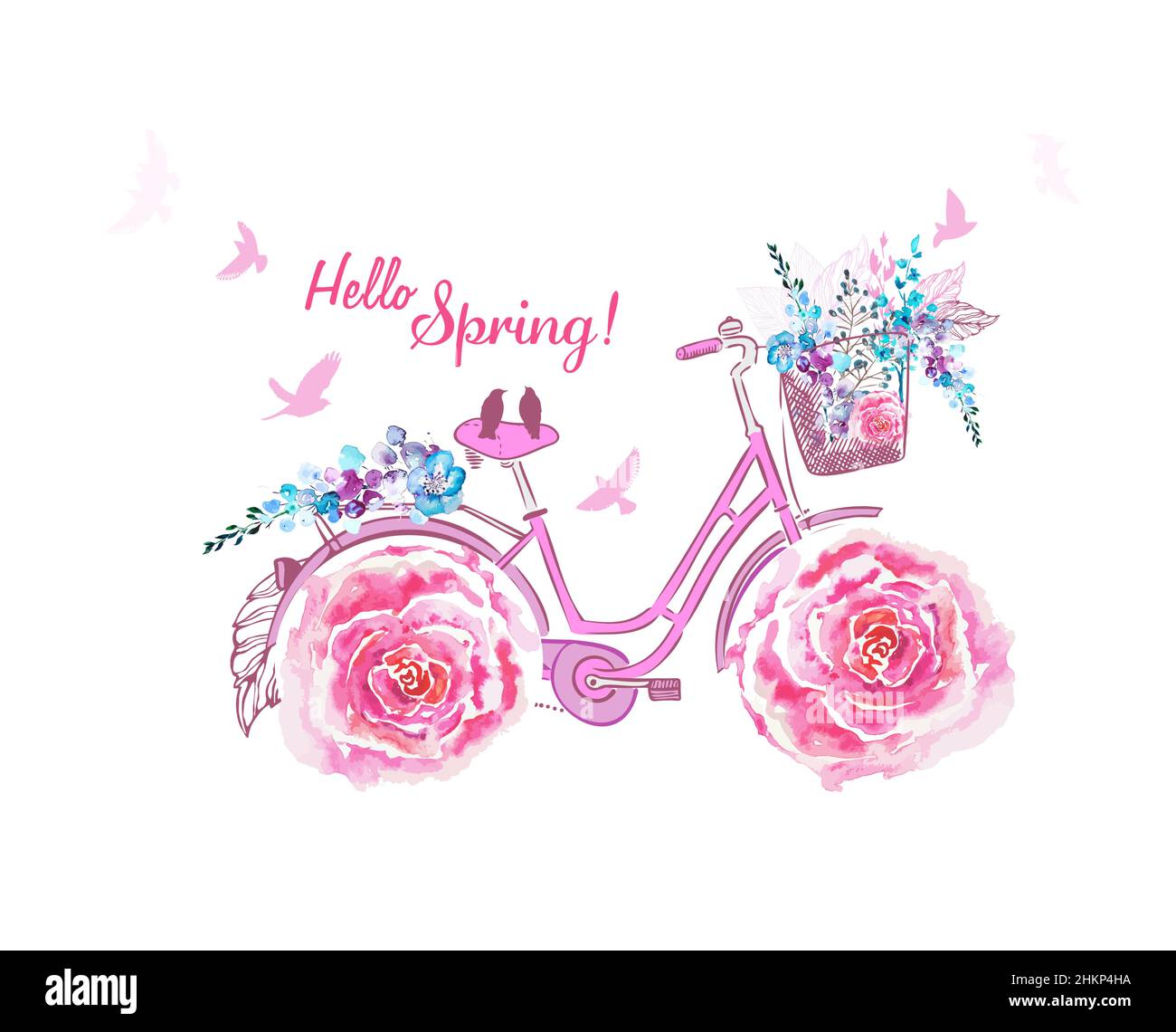 Hand drawing print design. Bicycle with flowers wheels. Hello Spring ...