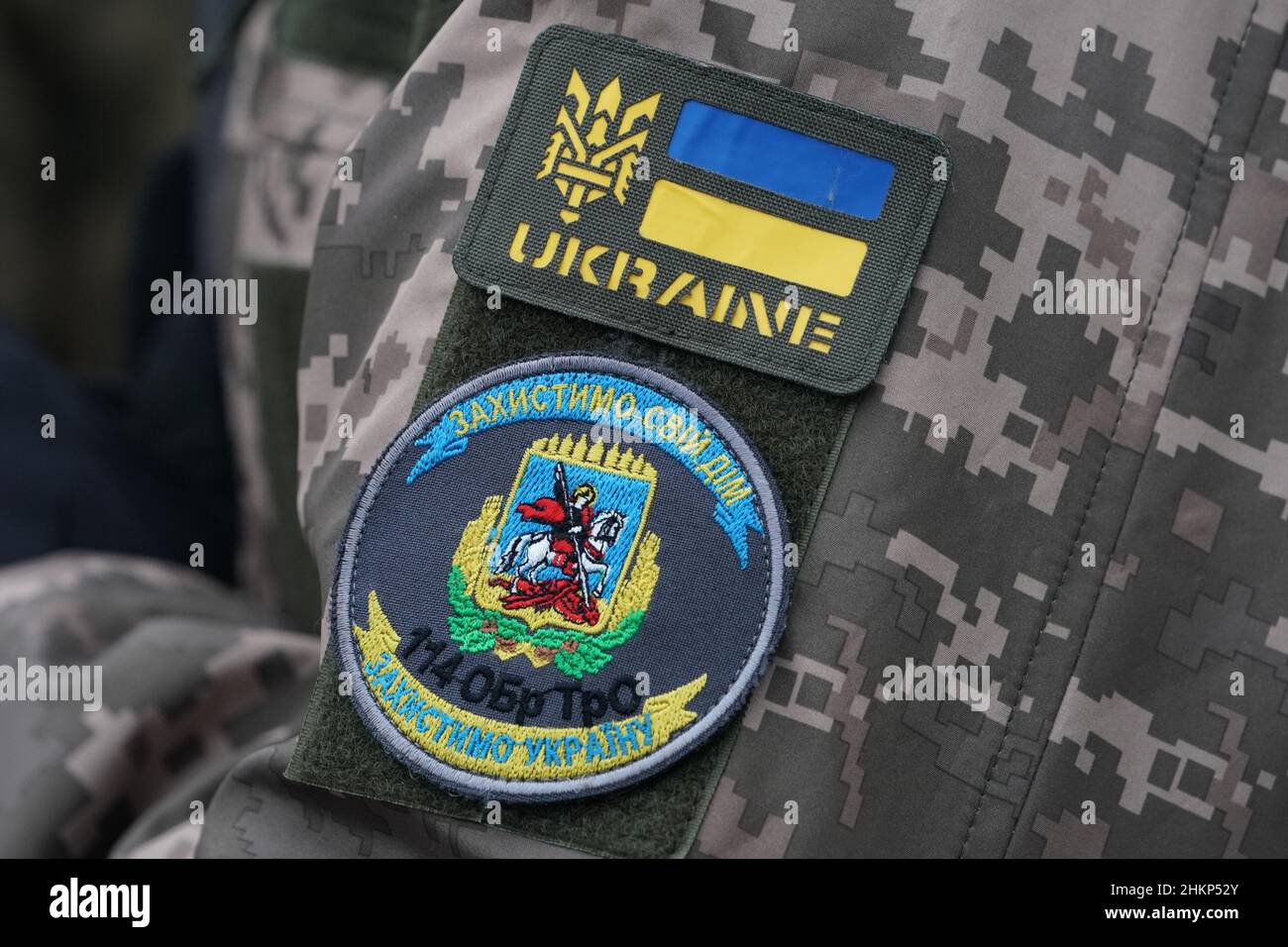 Obukhiv, Ukraine. 5th Feb, 2022. Military patches on the shoulder of a ...
