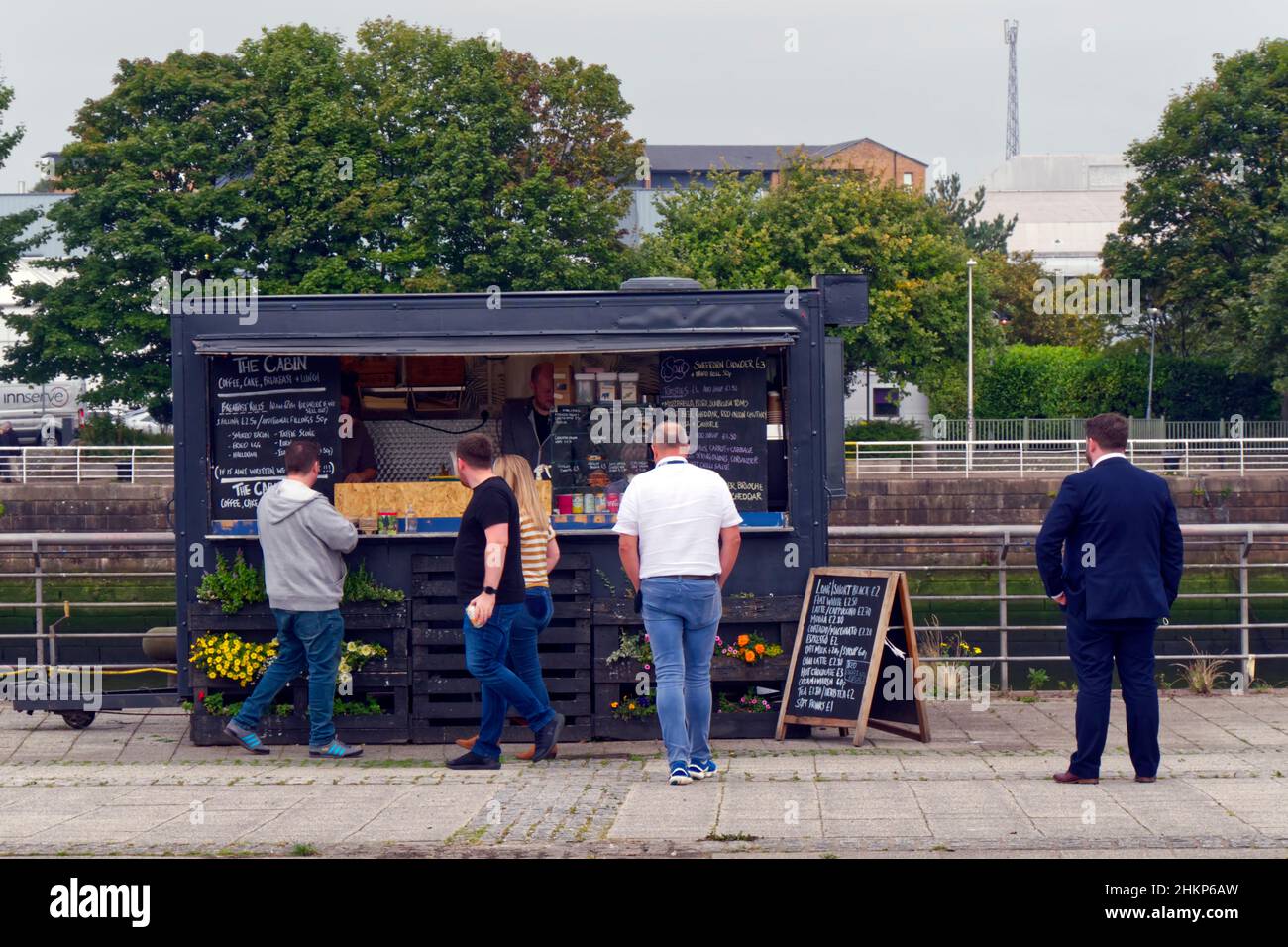 people queue at The Cabin take away coffee and snack bar, clydeside ...