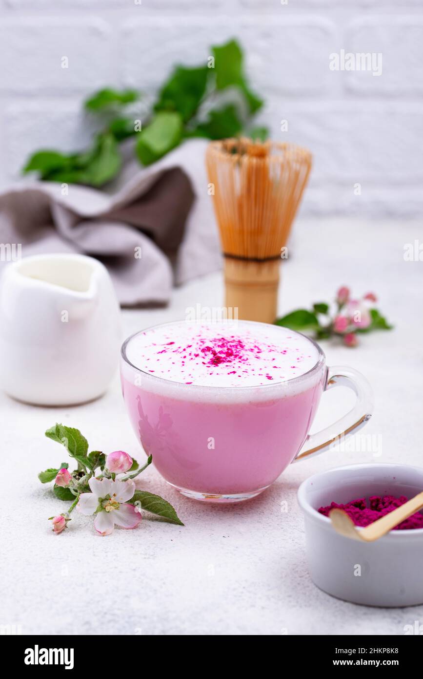 Pink matcha latte with milk Stock Photo - Alamy