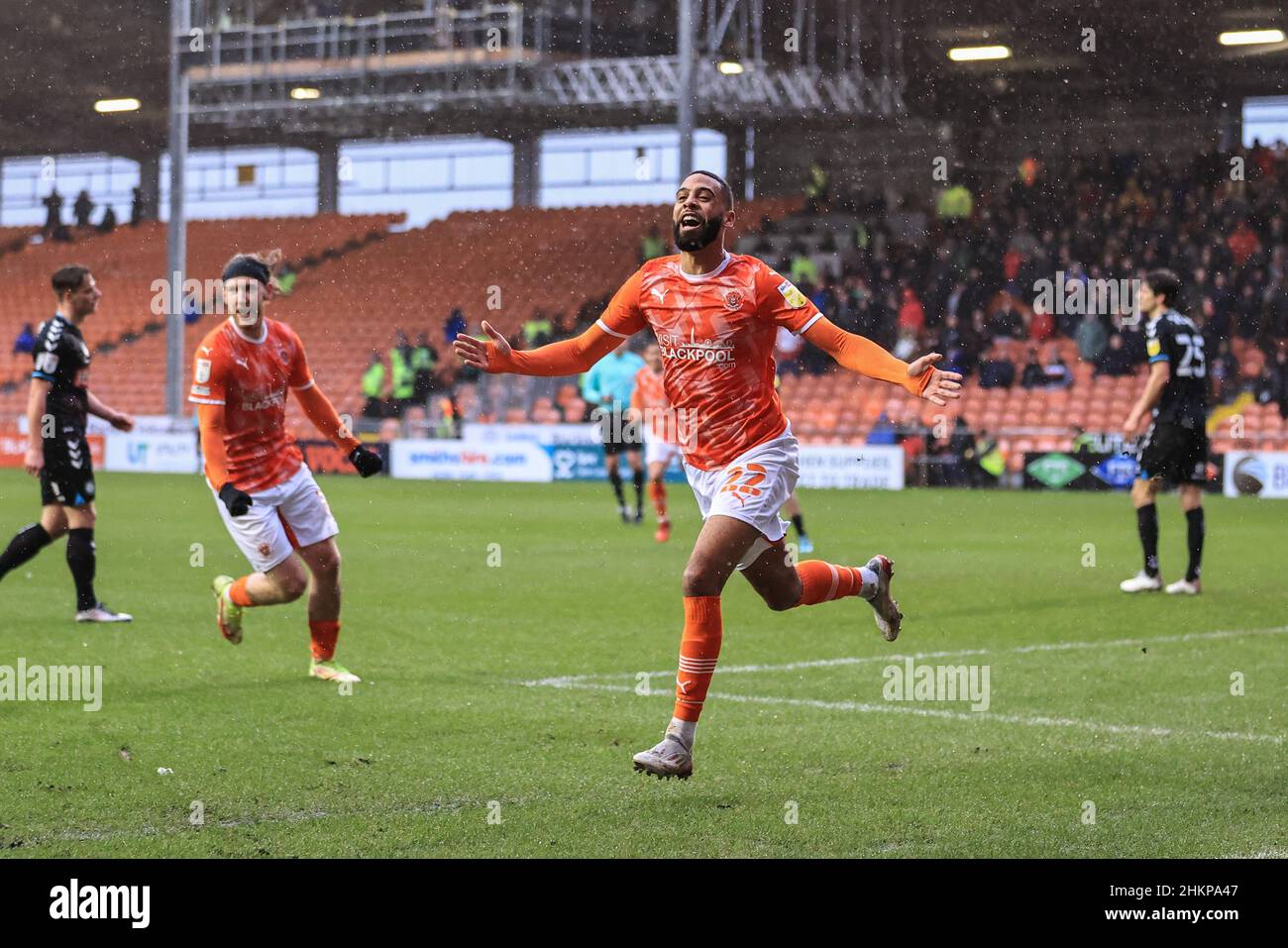 Blackpool, UK. 05th Feb, 2022. CJ Hamilton #22 of Blackpool celebrates ...