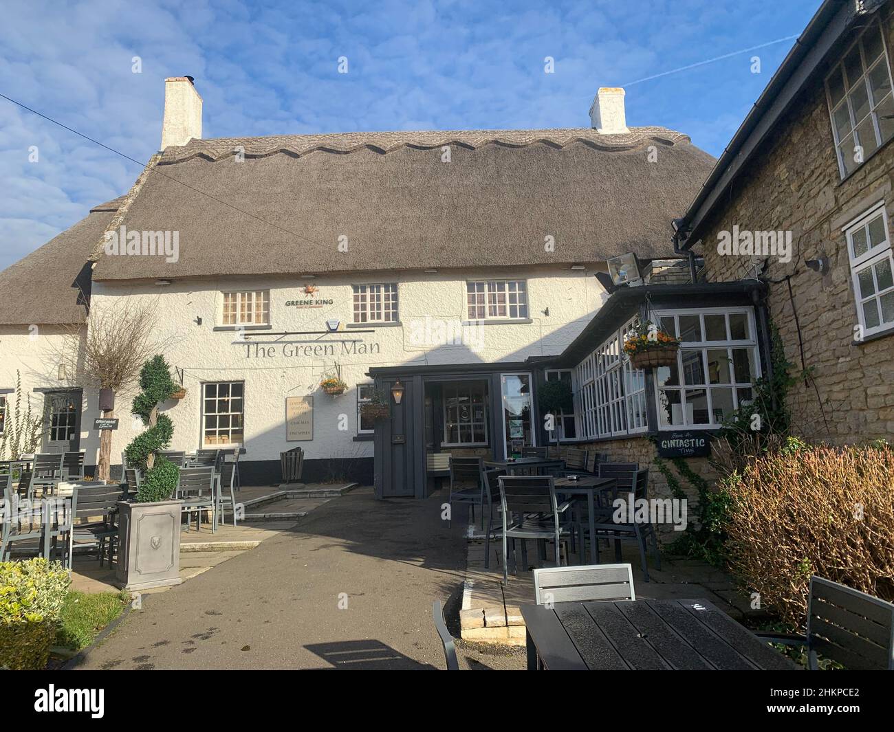 The Green Man Public house at Lavendon Milton Keynes UK seats seat sign ...