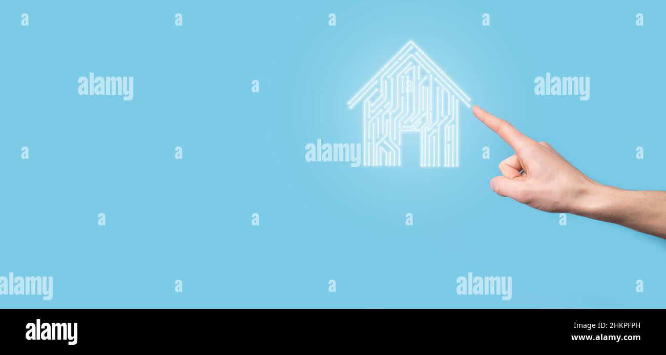 Hand hold house icon.Smart home controlled, intelligent house, and home ...