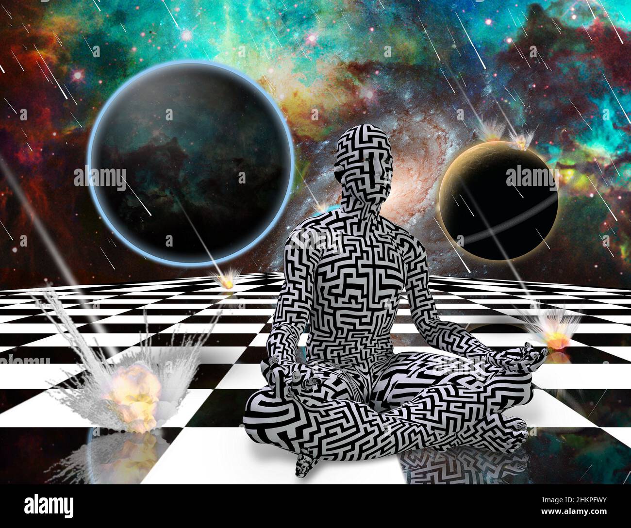 Surreal composition. Armageddon. Asteroids destroy planets. Man with ...