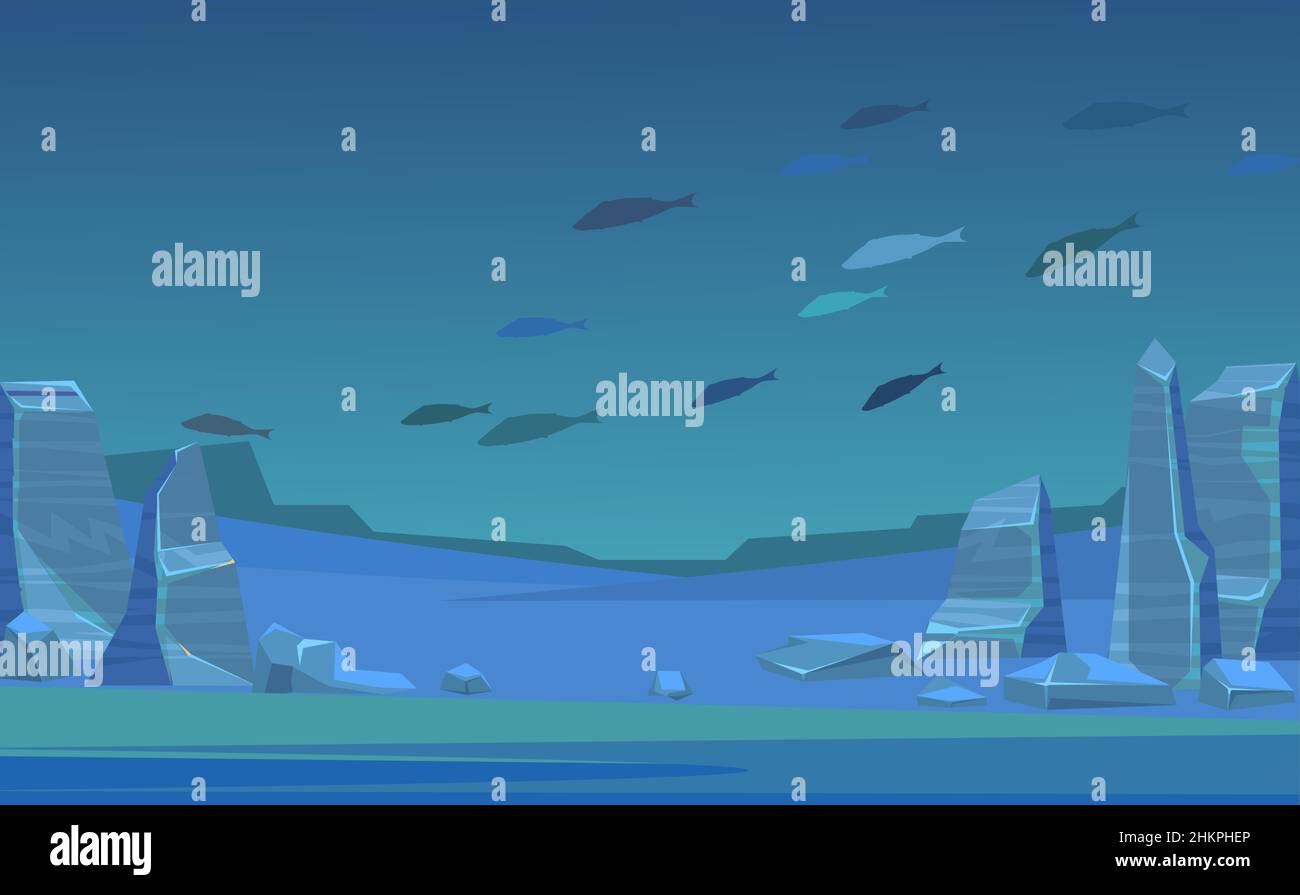 Fish school at the bottom of the ocean. Underwater wild life. Deep sea ...