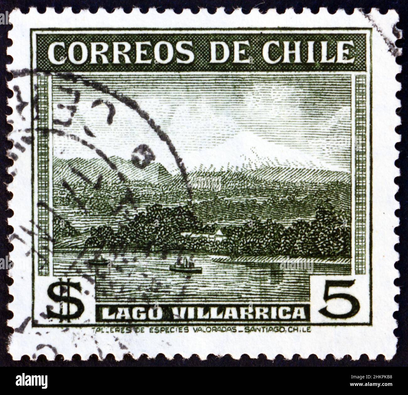 CHILE - CIRCA 1938: a stamp printed in Chile shows Lake Villarrica ...
