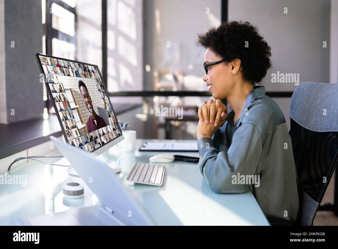 Webinar Video Conferencing On Laptop. Online Meeting Conference Stock ...