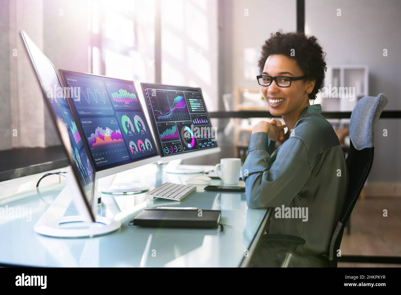 Analyst Woman Looking At Business Data Analytics Dashboard Stock Photo ...