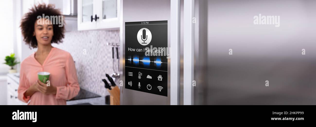Smart Fridge In Kitchen. Voice Recognition Refrigerator Control Stock ...