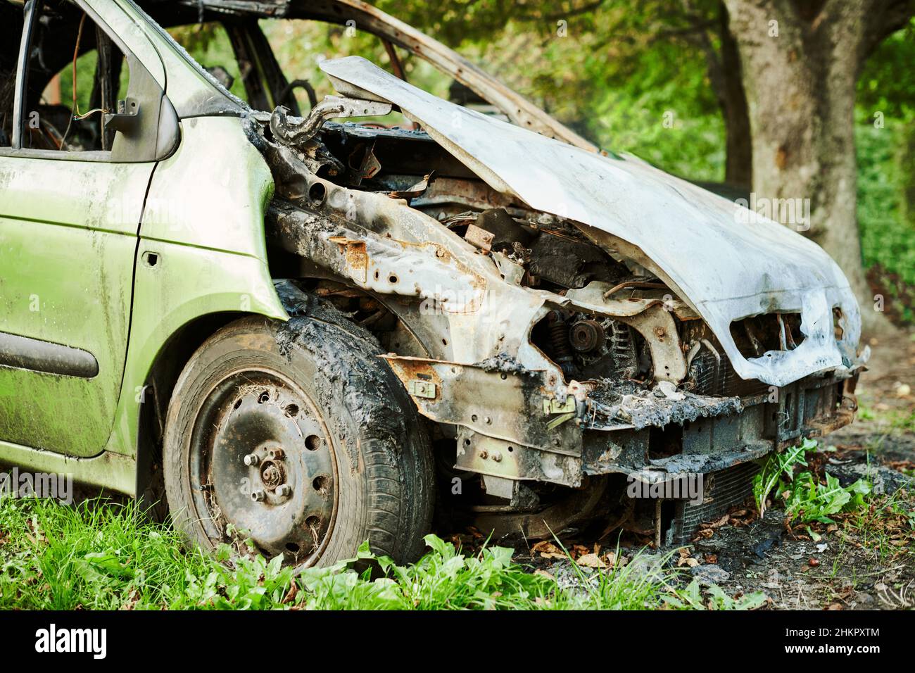 Burned car exterior, fires out. Burned automobile, car fire, vehicle ...