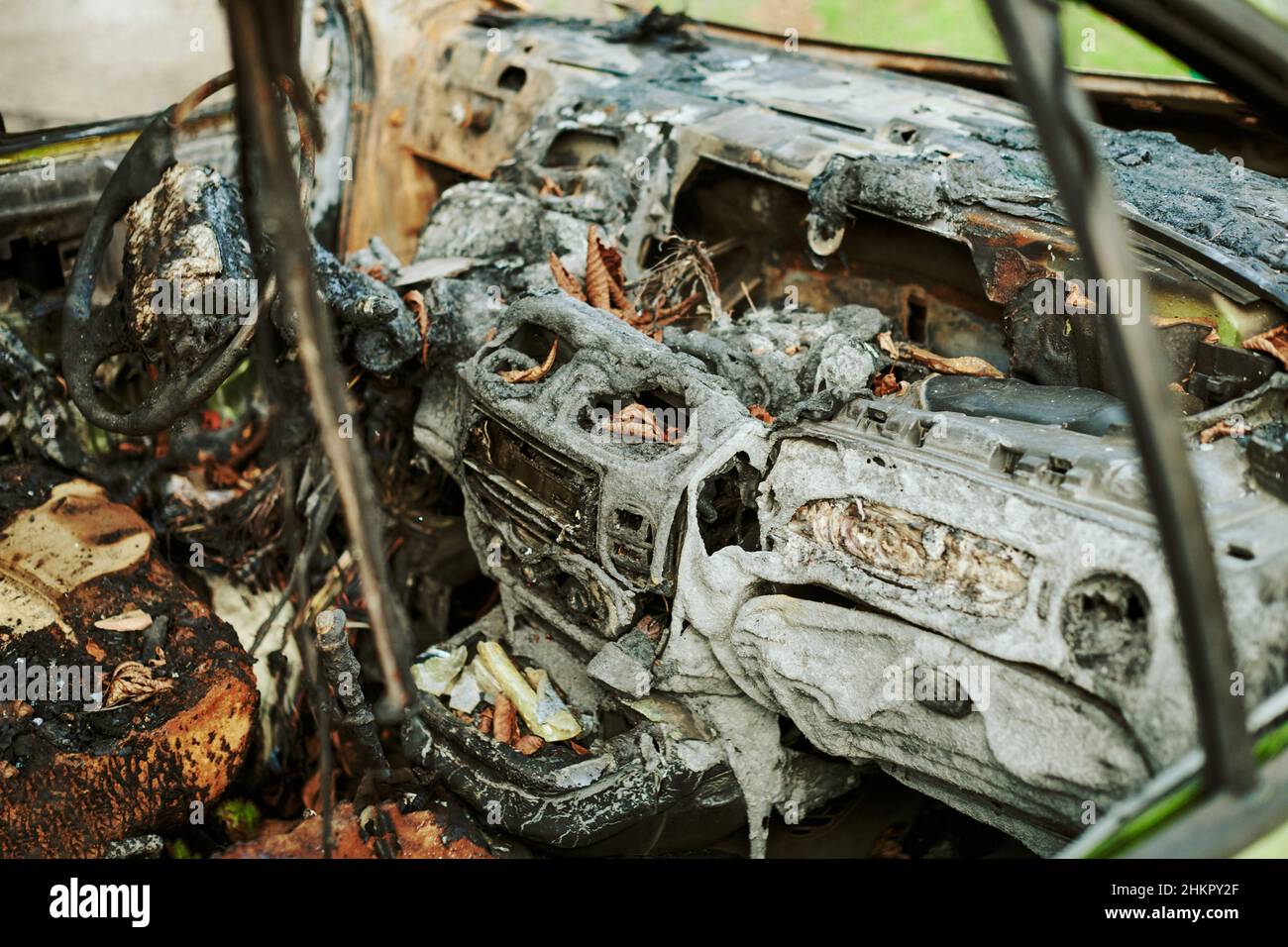 Burned car interior, close up vehicle fire, fires out. Burned ...