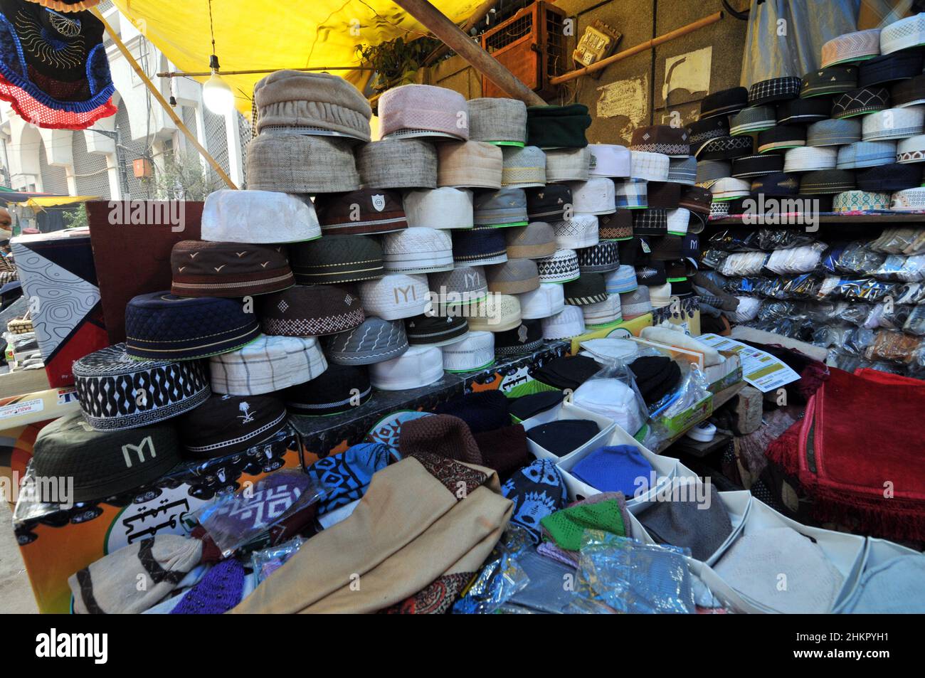 New Delhi, India. 05th Feb, 2022. Muslim Prayer caps on sale at Market ...