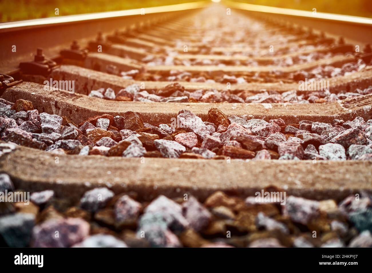 Railway track line in sunlight, beautiful train track landscape ...