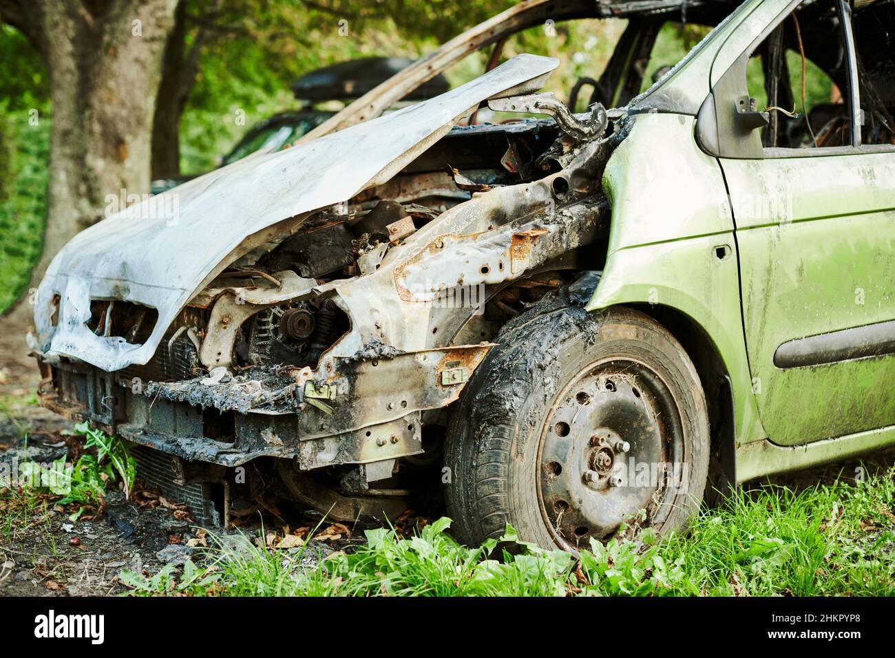 Burned car exterior, fires out. Burned automobile, car fire, vehicle ...