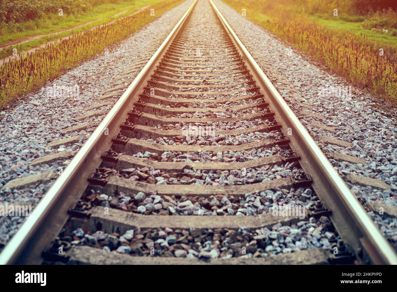 Railway track line in sunlight, beautiful train track landscape ...