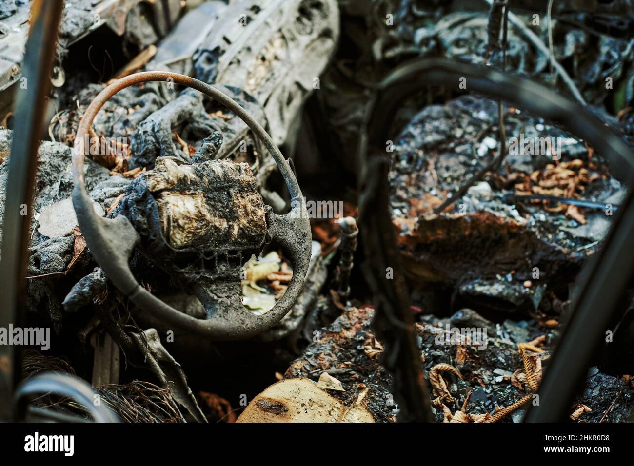Burned car interior, close up vehicle fire, fires out. Burned ...