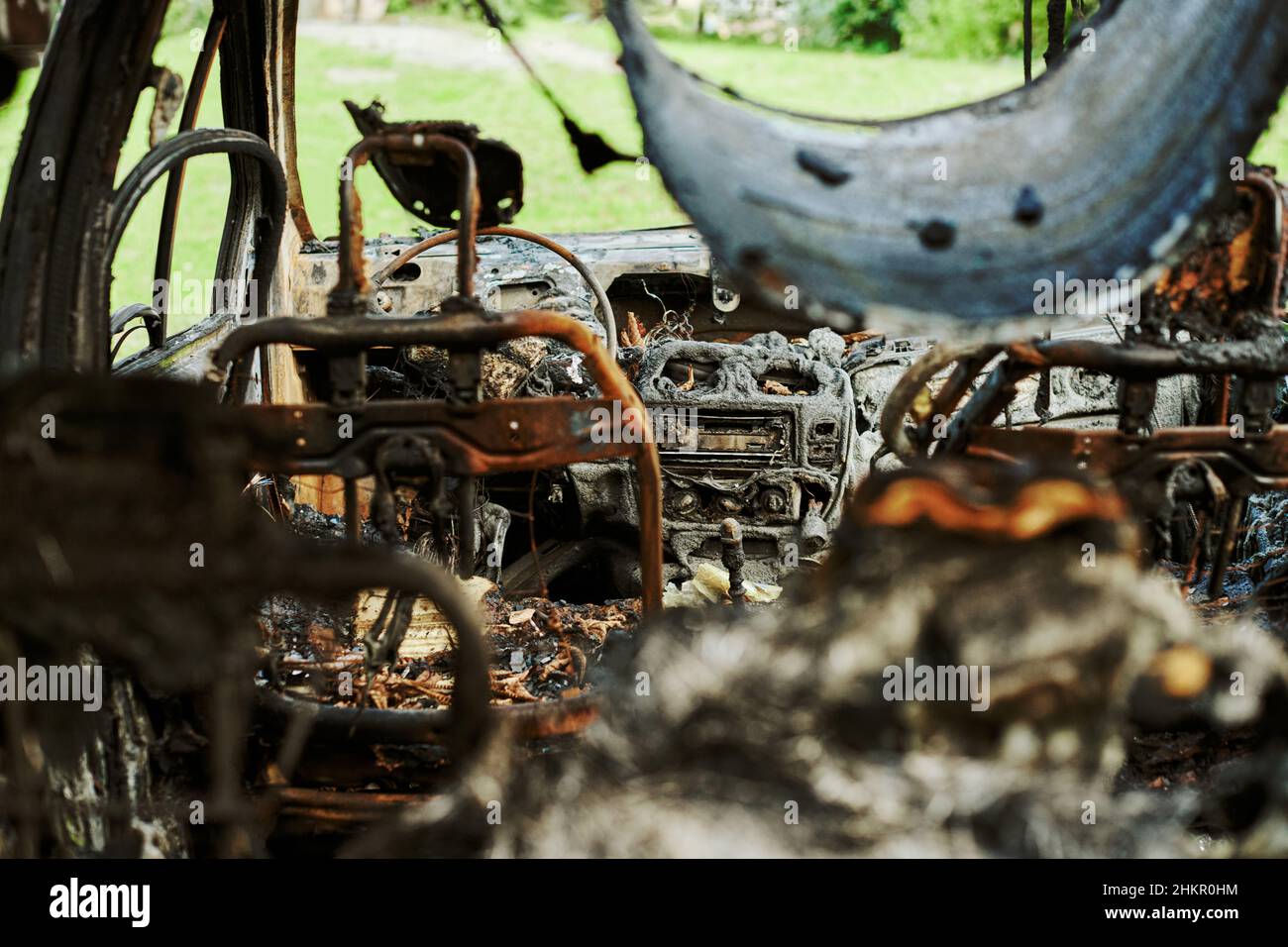 Burned car interior, close up vehicle fire, fires out. Burned ...