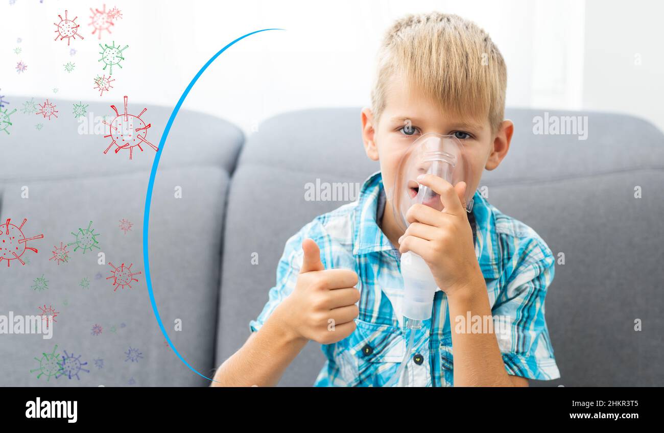 Cute little boy surrounded by viruses background. Healthcare concept ...