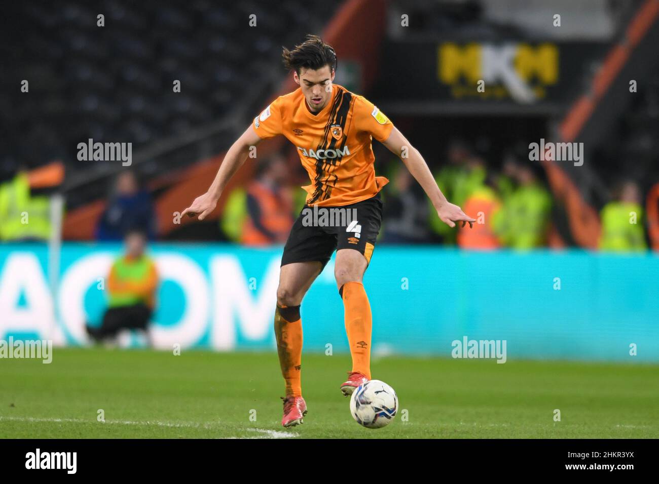Hull, UK. 05th Feb, 2022. Jacob Greaves #4 of Hull City with the ball ...